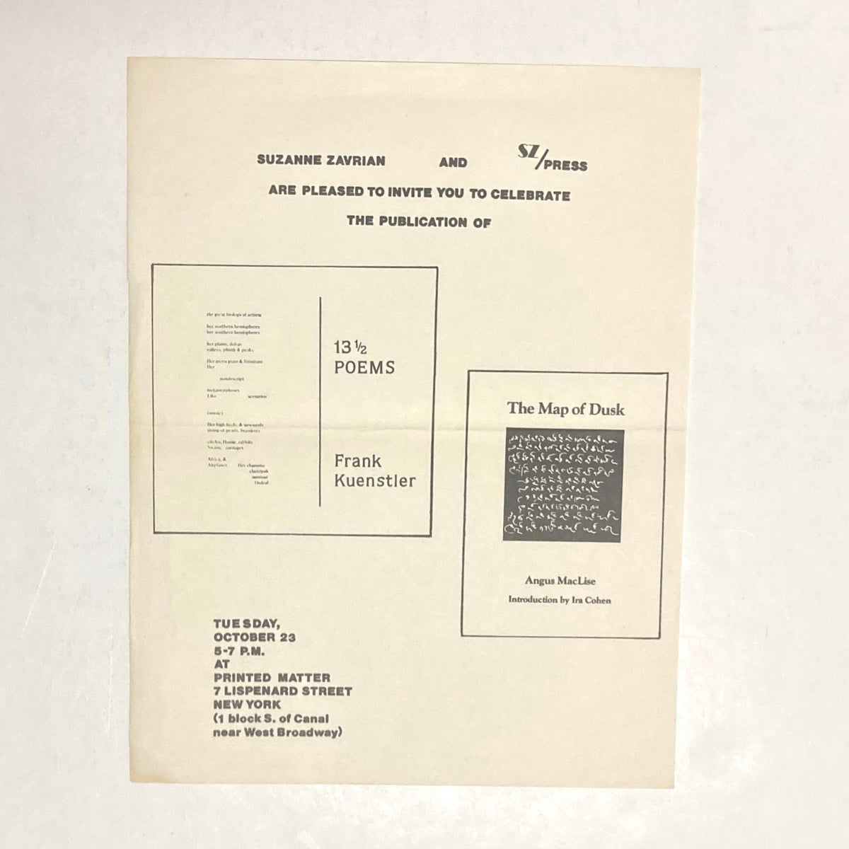 MacLise, Angus and Kuenstler, Frank - Invitation to S/Z Press publicat ...