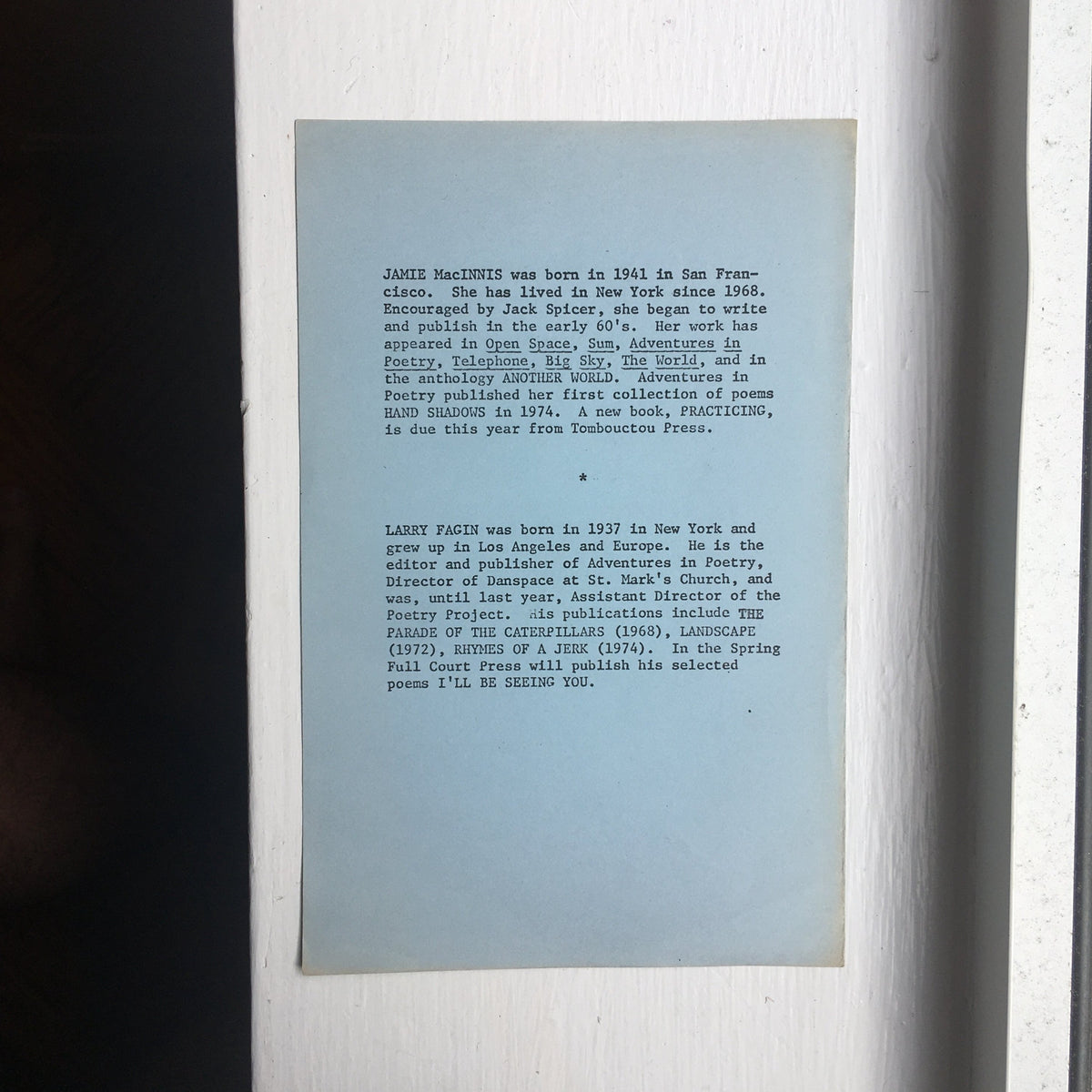 MacInnis, Jamie and Fagin, Larry - 1977 Poetry Reading Program ...